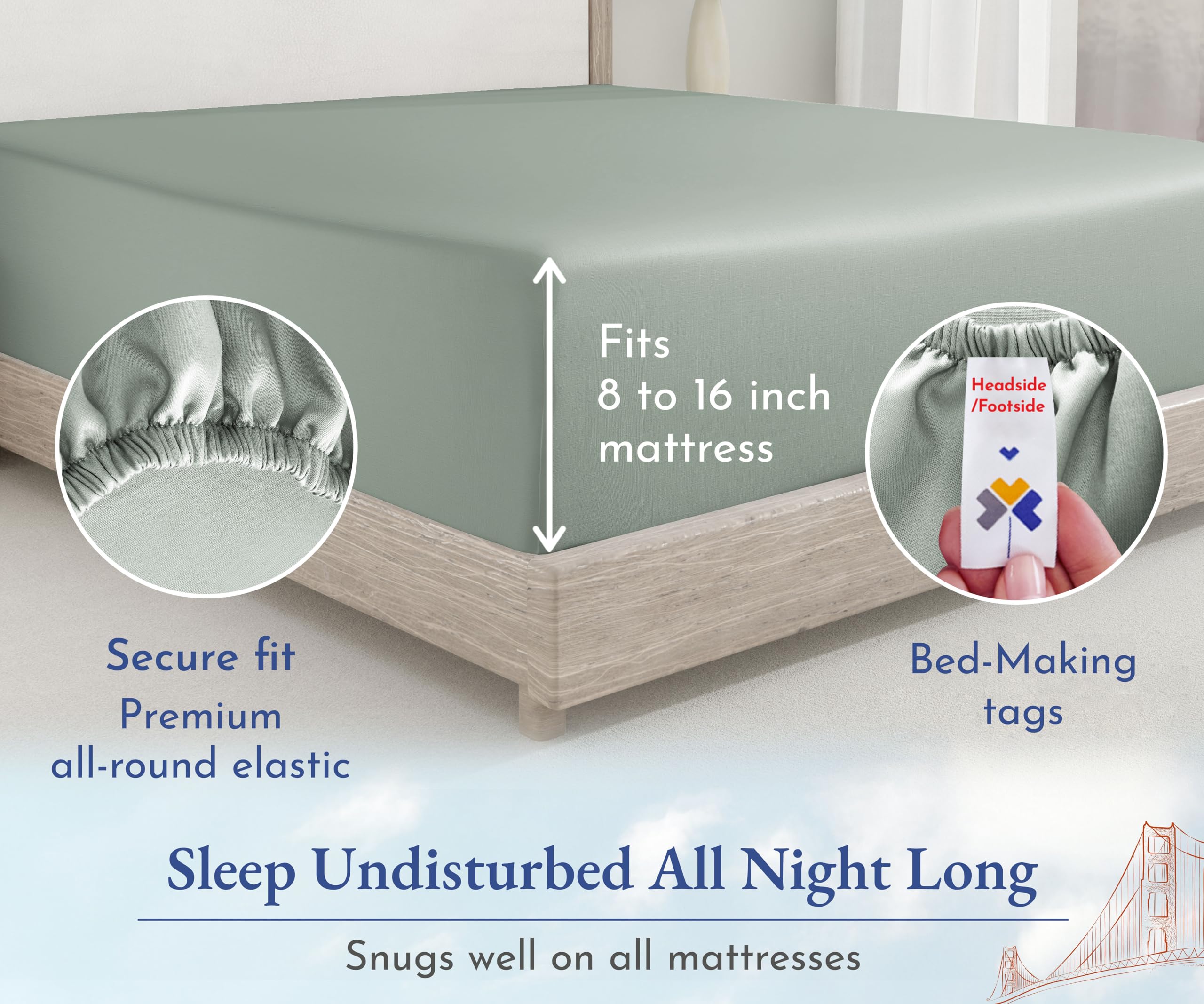 California Design Den Fitted Sheet for King Size Bed, Deep Pocket Soft 400 Thread Count 100% Cotton Sateen, No Pop-Off Elastic, Durable Hotel Quality Bedding, 1 Fitted Sheet Only (King, Sage Green)