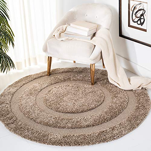SAFAVIEH Florida Shag Collection 4' Round Beige / Beige SG454 Border Non-Shedding Living Room Bedroom Dining Room Entryway Plush 1.2-inch Thick Area Rug