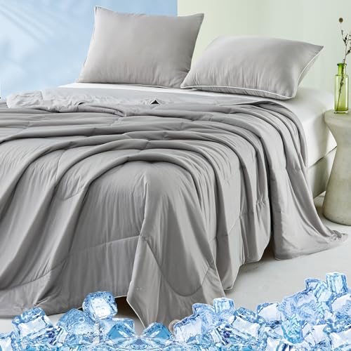 ENJOHOS Cooling Comforter Queen Size, Q-Max 0.45 Double Side Cold Blanket for Hot Sleepers Night Sweats, Cool Ice Silk Summer Comforter, Soft Breathable Lightweight Smooth Cool Comforter Bedding Grey