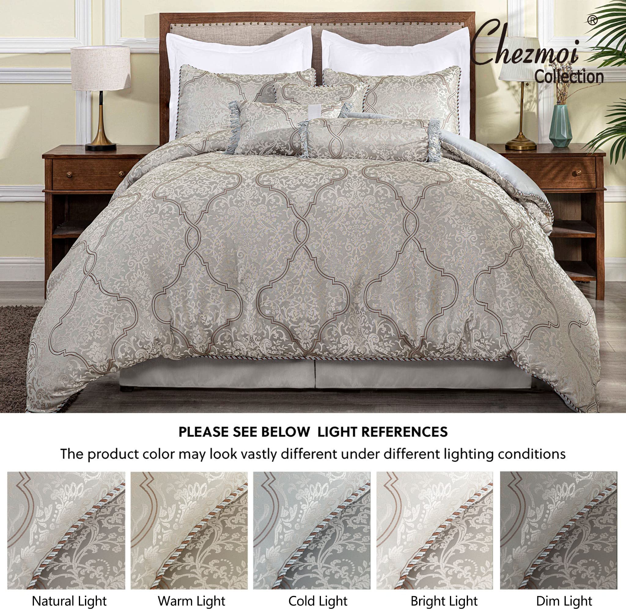Chezmoi Collection Noelle 7-Piece Cal King Bedding Set Silver Gray Brown Floral Medallion Jacquard Comforter Set, California King Size