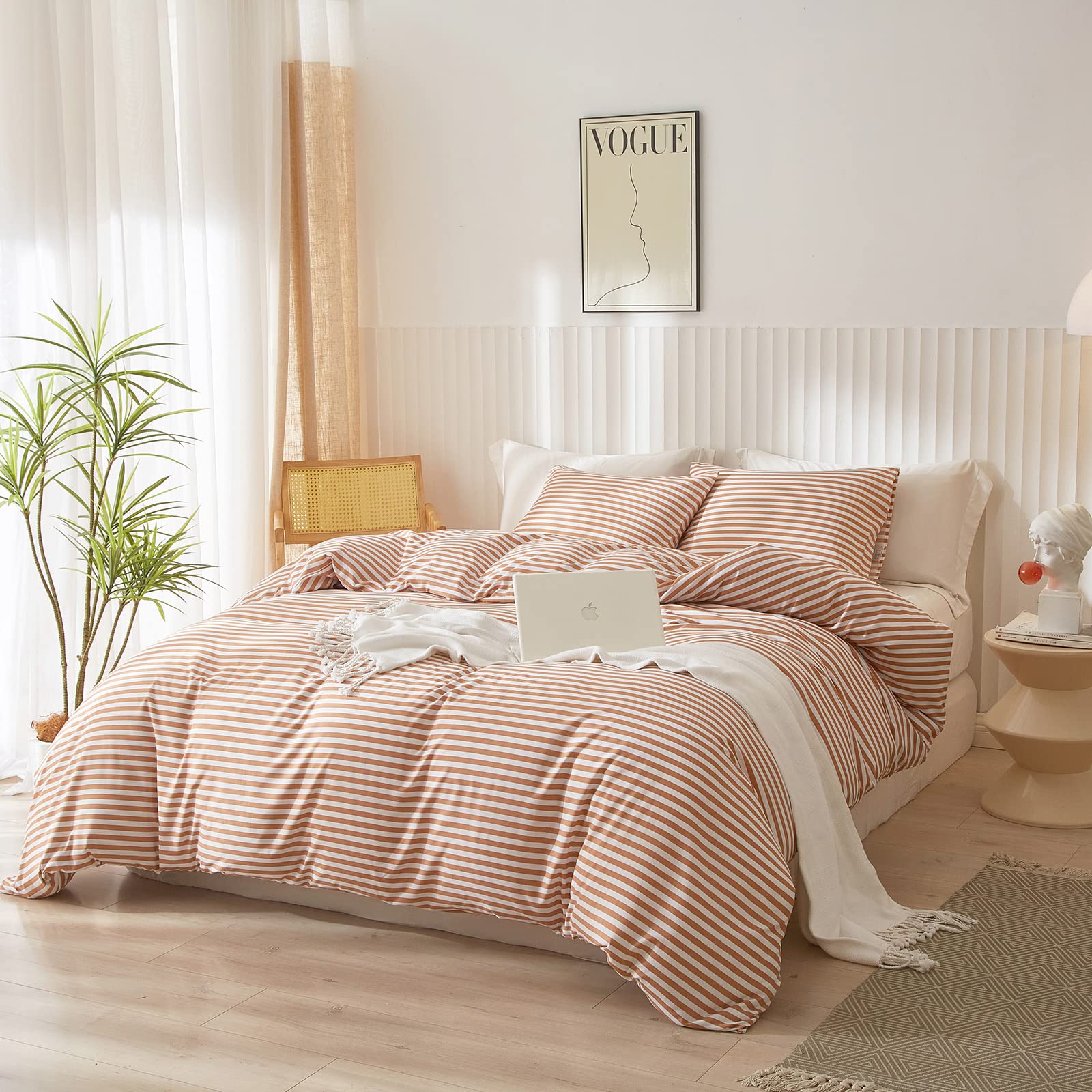 EAVD Duvet Cover Queen White and Khaki Striped Duvet Cover Soft Microfiber Modern Striped Gemetric Pattern Bedding Set with 2 Pillowcases Reversible Striped Comforter Cover with Zipper Closure