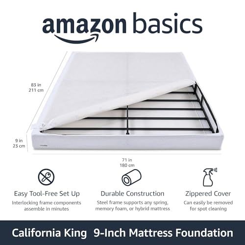 Amazon Basics Smart Box Spring Bed Base, 9-Inch Height Mattress Foundation, Tool-Free Easy Assembly, Cal King, 83"L x 71"W x 9"H, White
