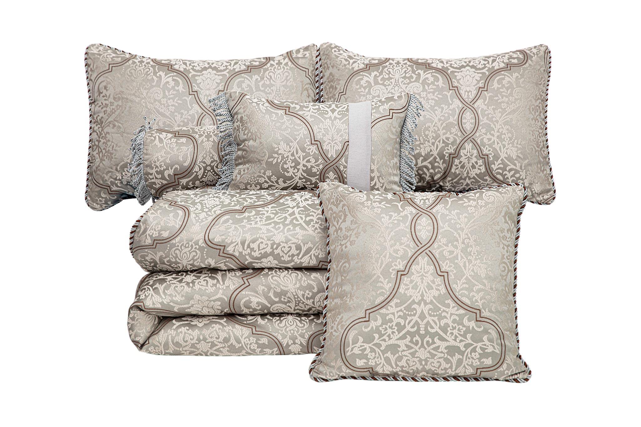 Chezmoi Collection Noelle 7-Piece Cal King Bedding Set Silver Gray Brown Floral Medallion Jacquard Comforter Set, California King Size