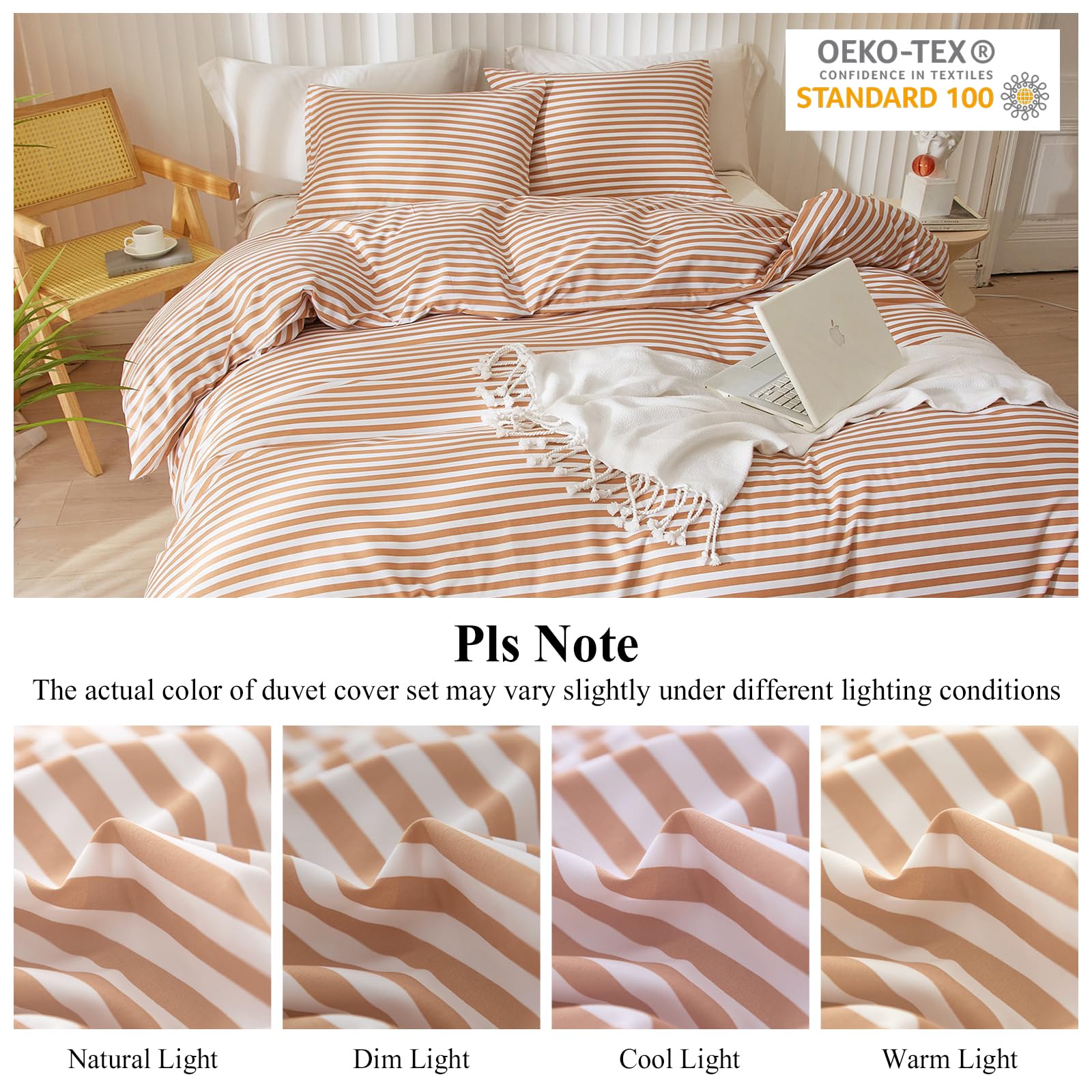 EAVD Duvet Cover Queen White and Khaki Striped Duvet Cover Soft Microfiber Modern Striped Gemetric Pattern Bedding Set with 2 Pillowcases Reversible Striped Comforter Cover with Zipper Closure
