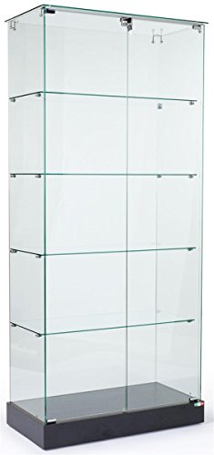 Displays2go Tempered Glass Frameless Design Display Case with 4 Shelves and Black Laminate Base, 31 x 71 x 15-3/4-Inch (IFDC8040BK)