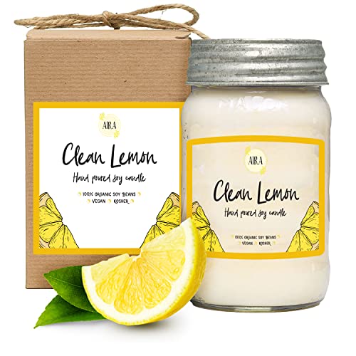 Aira Soy Candles - Organic, Kosher, Vegan, in Mason Jar w/ Therapeutic Grade Essential Oil Blends - Hand-Poured 100% Soy Candle Wax - Paraffin Free, Burns 110+ Hours - Clean Lemon - 16 Ounces