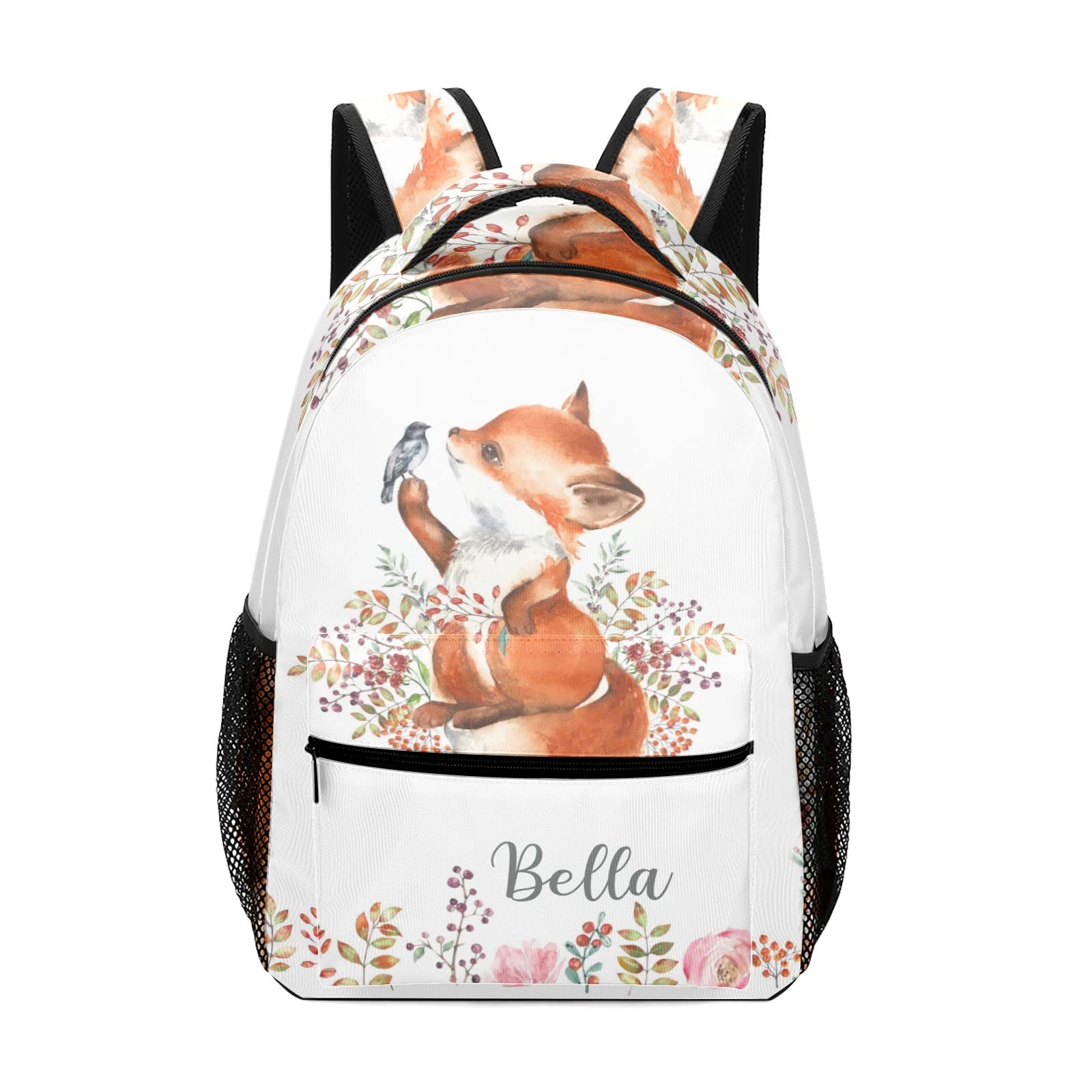 Cute Fox Little Bird Custom Kids Backpack 16.5 Inch for Boy Girl, Personalized Waterproof Child School Travel Bag with Name