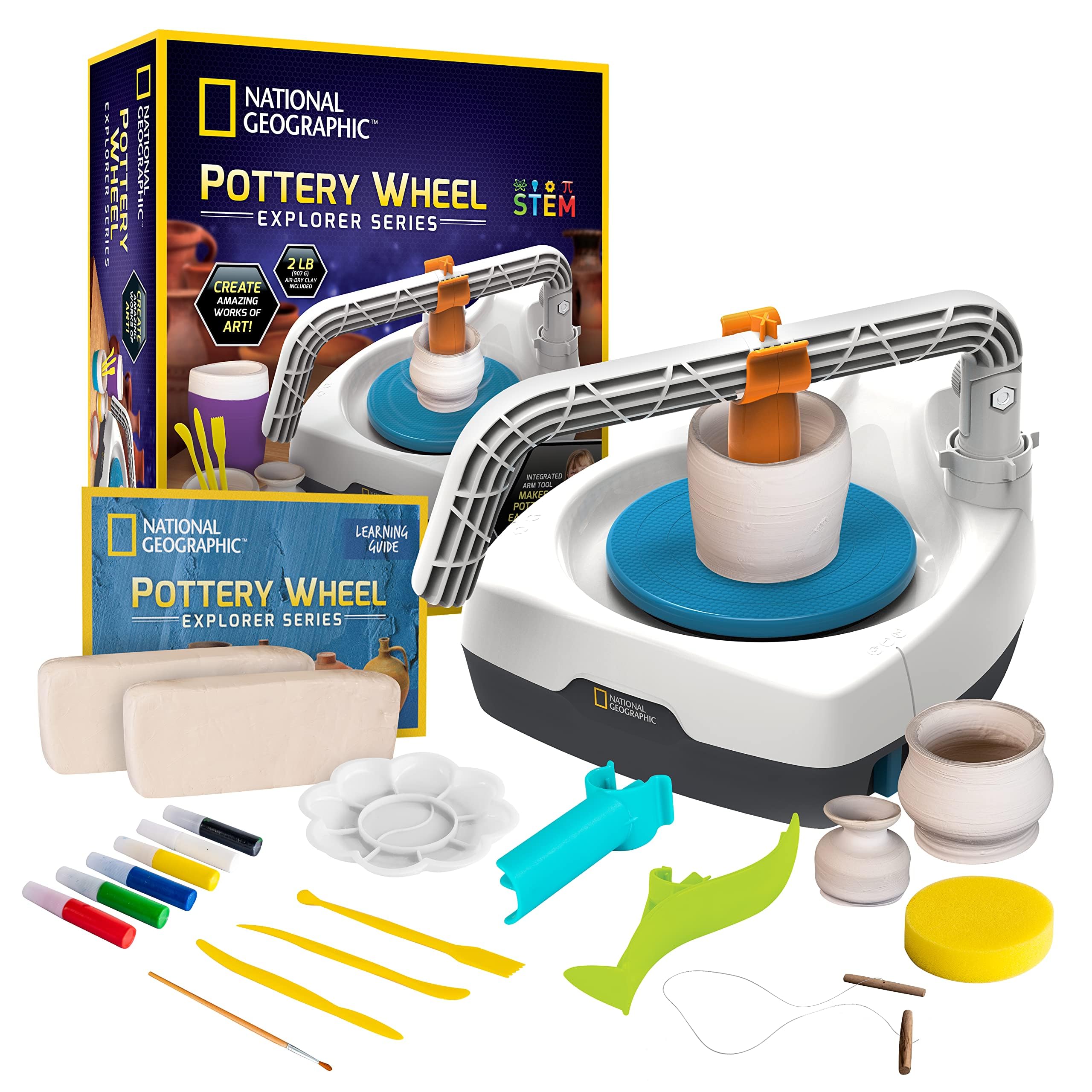 NATIONAL GEOGRAPHIC Kidâs Pottery Wheel â Complete Pottery Kit , Plug-In Motor, 2 lbs. Air Dry Clay, Sculpting Clay Tools, Apron & More, Patent Pending, Amazon Exclusive Craft Kit