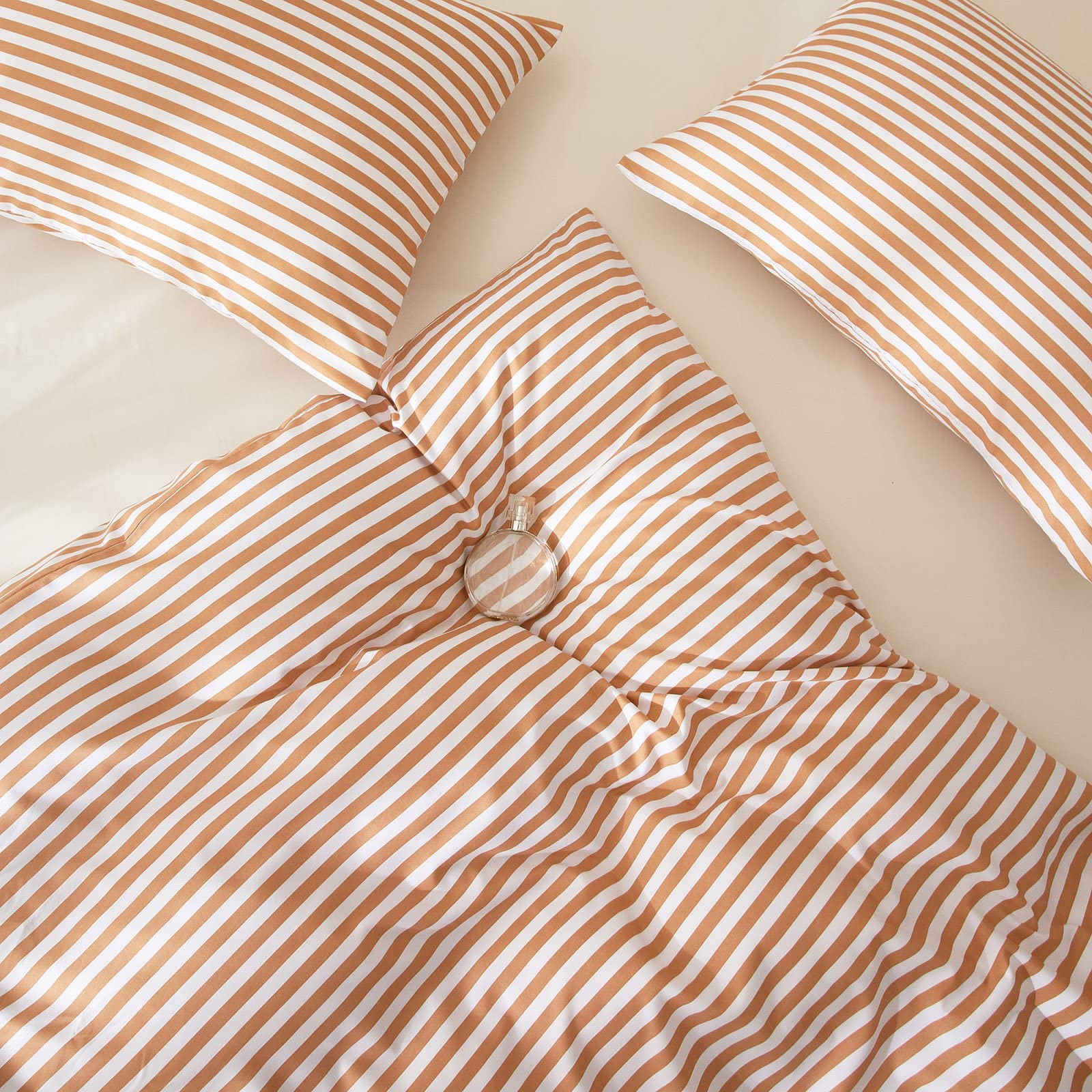 EAVD Duvet Cover Queen White and Khaki Striped Duvet Cover Soft Microfiber Modern Striped Gemetric Pattern Bedding Set with 2 Pillowcases Reversible Striped Comforter Cover with Zipper Closure