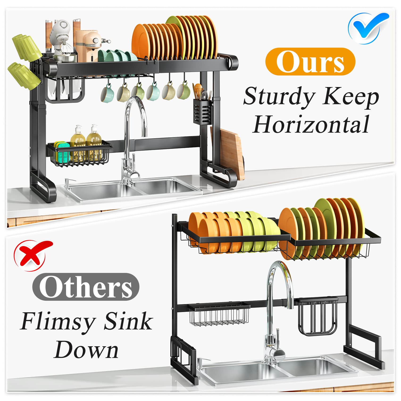 Over The Sink Dish Drying Rack, 2 Tier Adjustable Length (18.9" to 33.5") Sturdy Kitchen Counter Dish Rack Organizer, Black