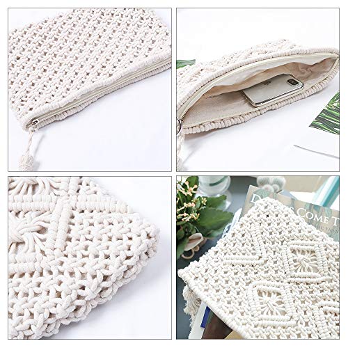 QTKJ Women's Summer Beach Straw Crochet Clutch Bag Woven Envelope Tassel Bag with Zipper (White)
