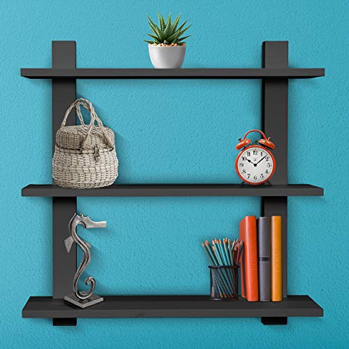 Sorbus® Floating Shelf — Asymmetric Square Wall Shelf, Decorative Hanging Display for Trophy, Photo Frames, Collectibles, and Much More, Set of 3 (3-Tier – Black)