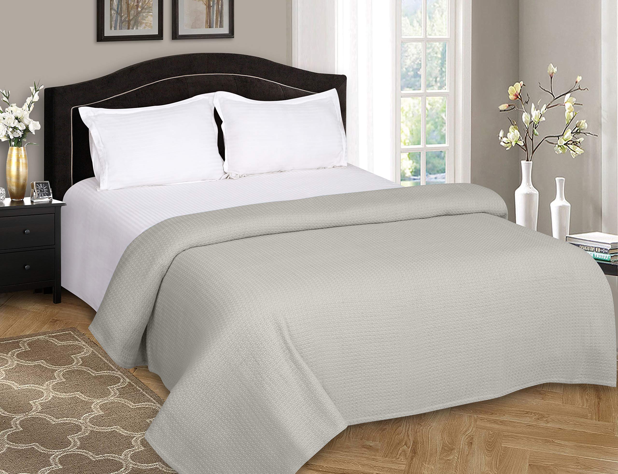 BELIZZI HOME 100% Cotton Bed Blanket, Breathable Bed Blanket Full Queen Size, Cotton Thermal Blankets Full Queen, Perfect for Layering Any Bed for All Season, Light Grey