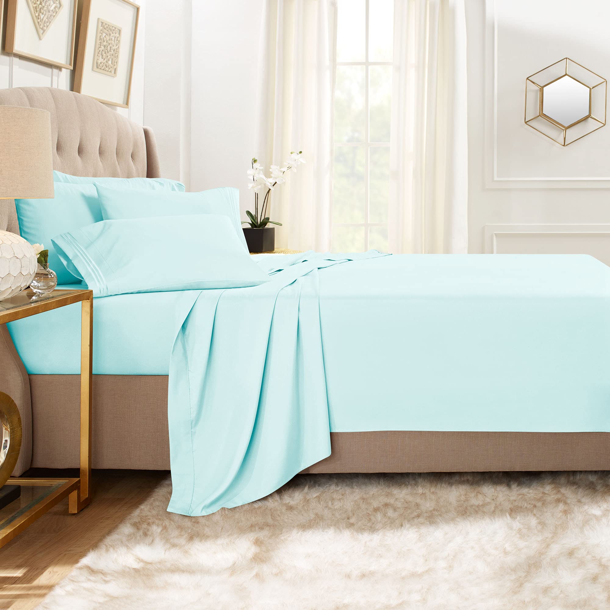 Clara Clark Cal King Sheets, 6 Piece Set - Hotel Luxury Sheets for Cal King Size Bed, Super Soft Bedding Sheets & Pillowcases, Cal King Size Sheets, Aqua Light Blue