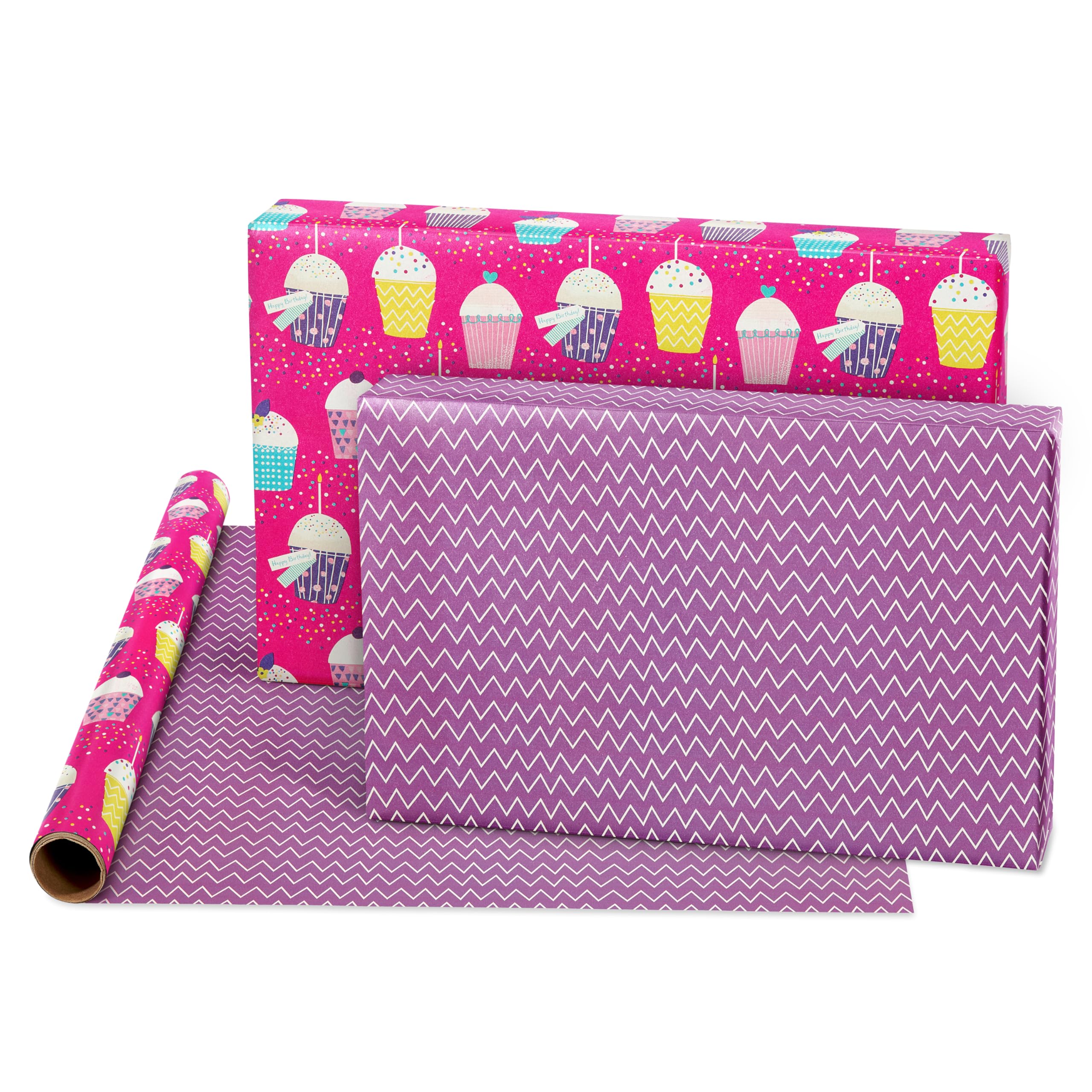 American Greetings Reversible Birthday Wrapping Paper, Floral, Cupcakes, and Polka Dots (4 Rolls, 120 sq. ft)