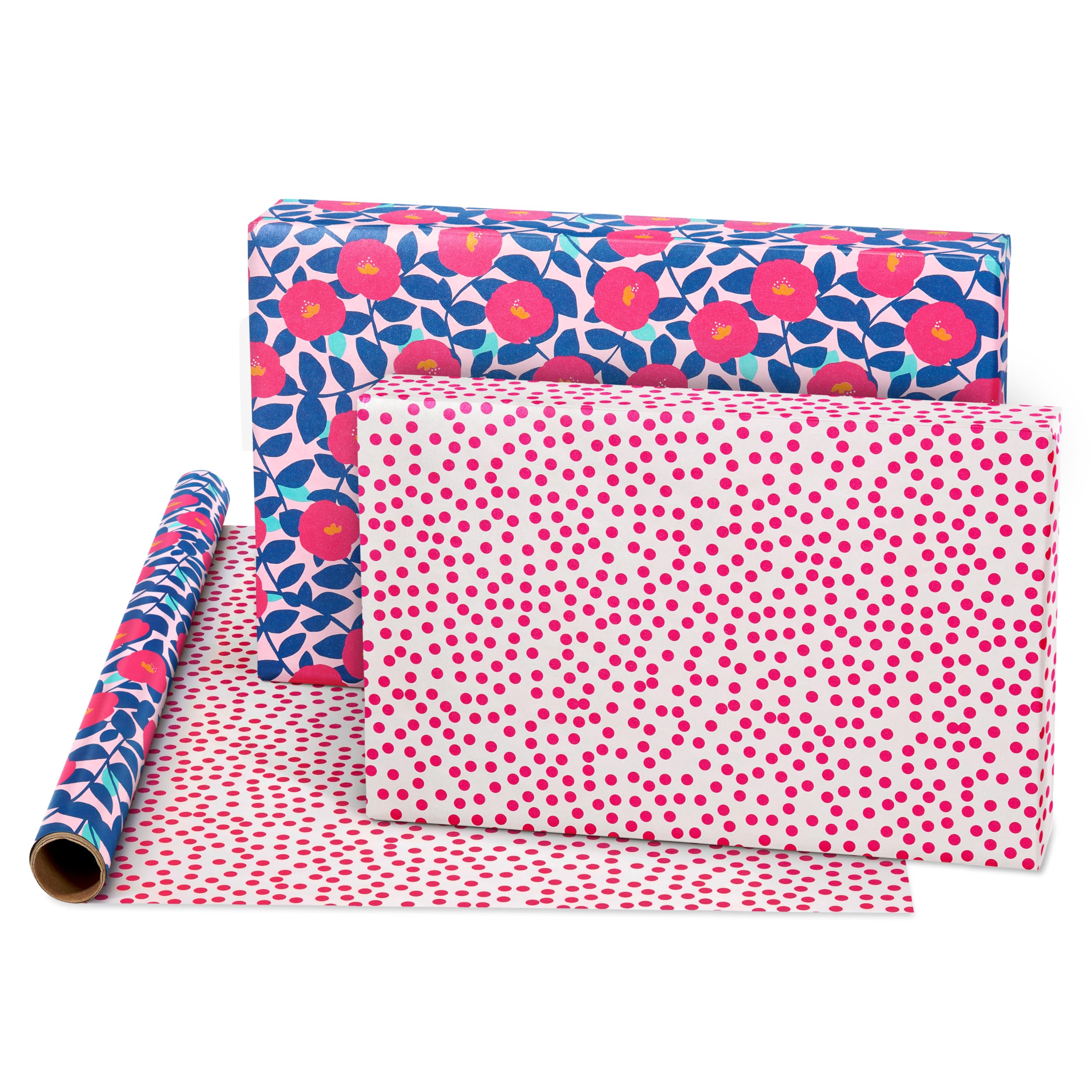 American Greetings Reversible Birthday Wrapping Paper, Floral, Cupcakes, and Polka Dots (4 Rolls, 120 sq. ft)