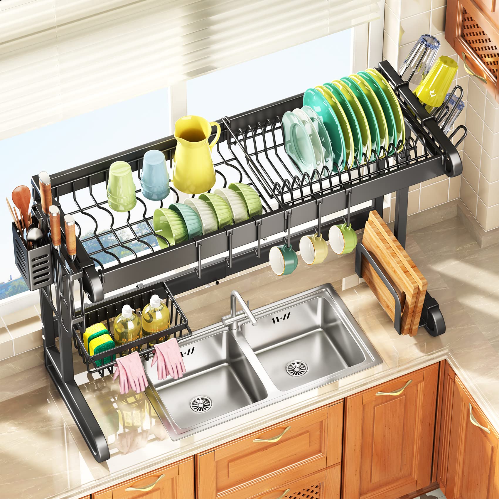 Over The Sink Dish Drying Rack, 2 Tier Adjustable Length (18.9" to 33.5") Sturdy Kitchen Counter Dish Rack Organizer, Black