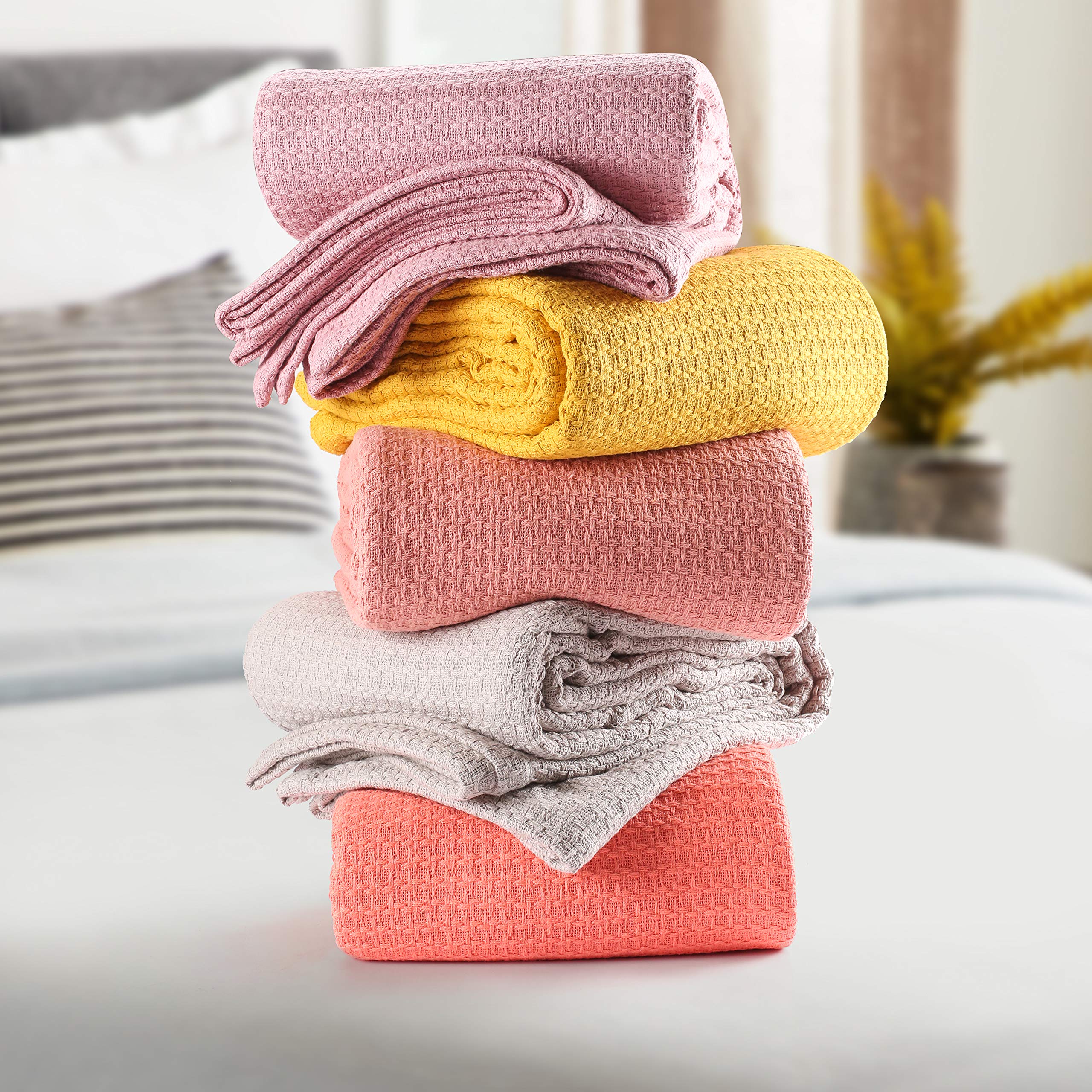 BELIZZI HOME 100% Cotton Bed Blanket, Breathable Bed Blanket Full Queen Size, Cotton Thermal Blankets Full Queen, Perfect for Layering Any Bed for All Season, Light Grey