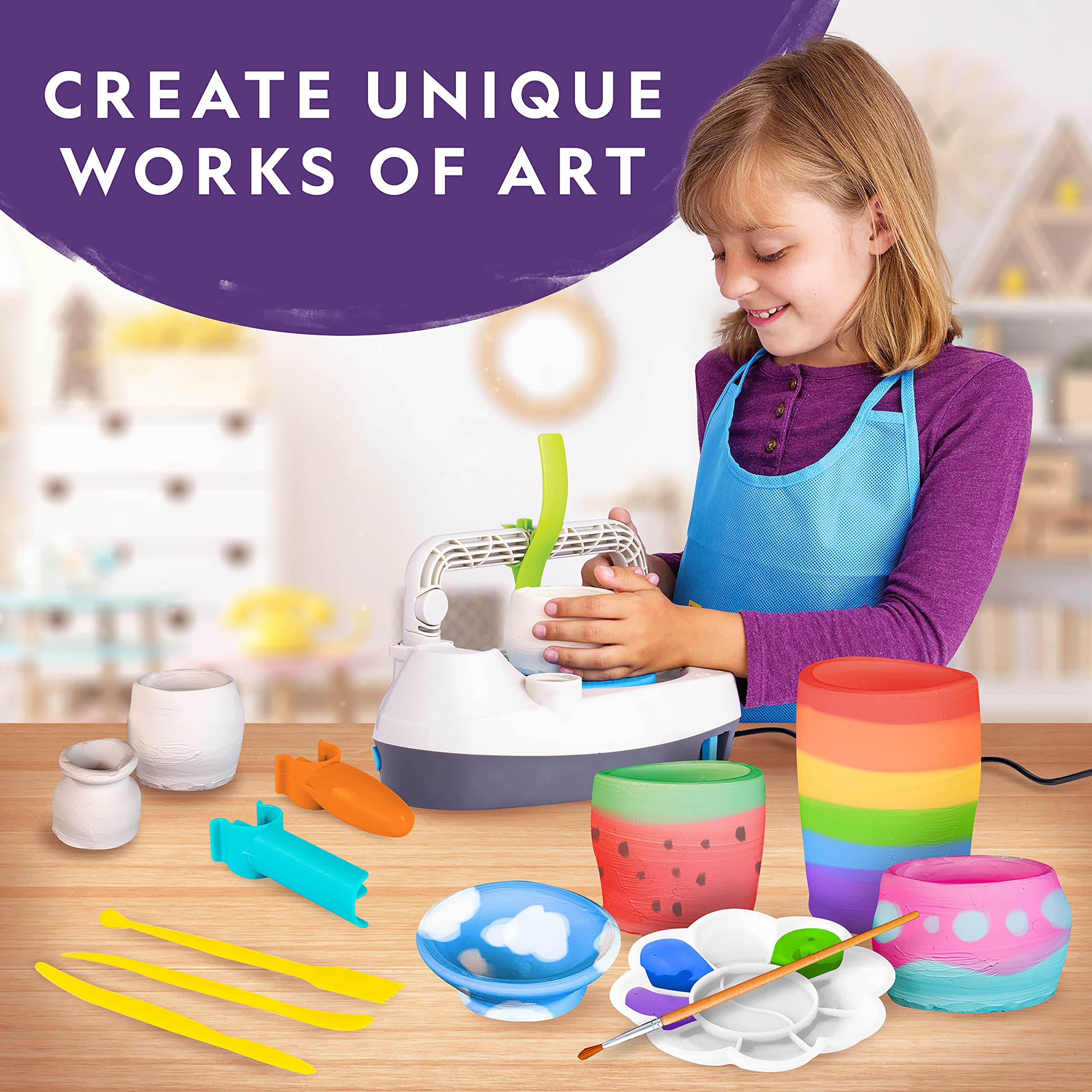 NATIONAL GEOGRAPHIC Kid’s Pottery Wheel – Complete Pottery Kit , Plug-In Motor, 2 lbs. Air Dry Clay, Sculpting Clay Tools, Apron & More, Patent Pending, Amazon Exclusive Craft Kit