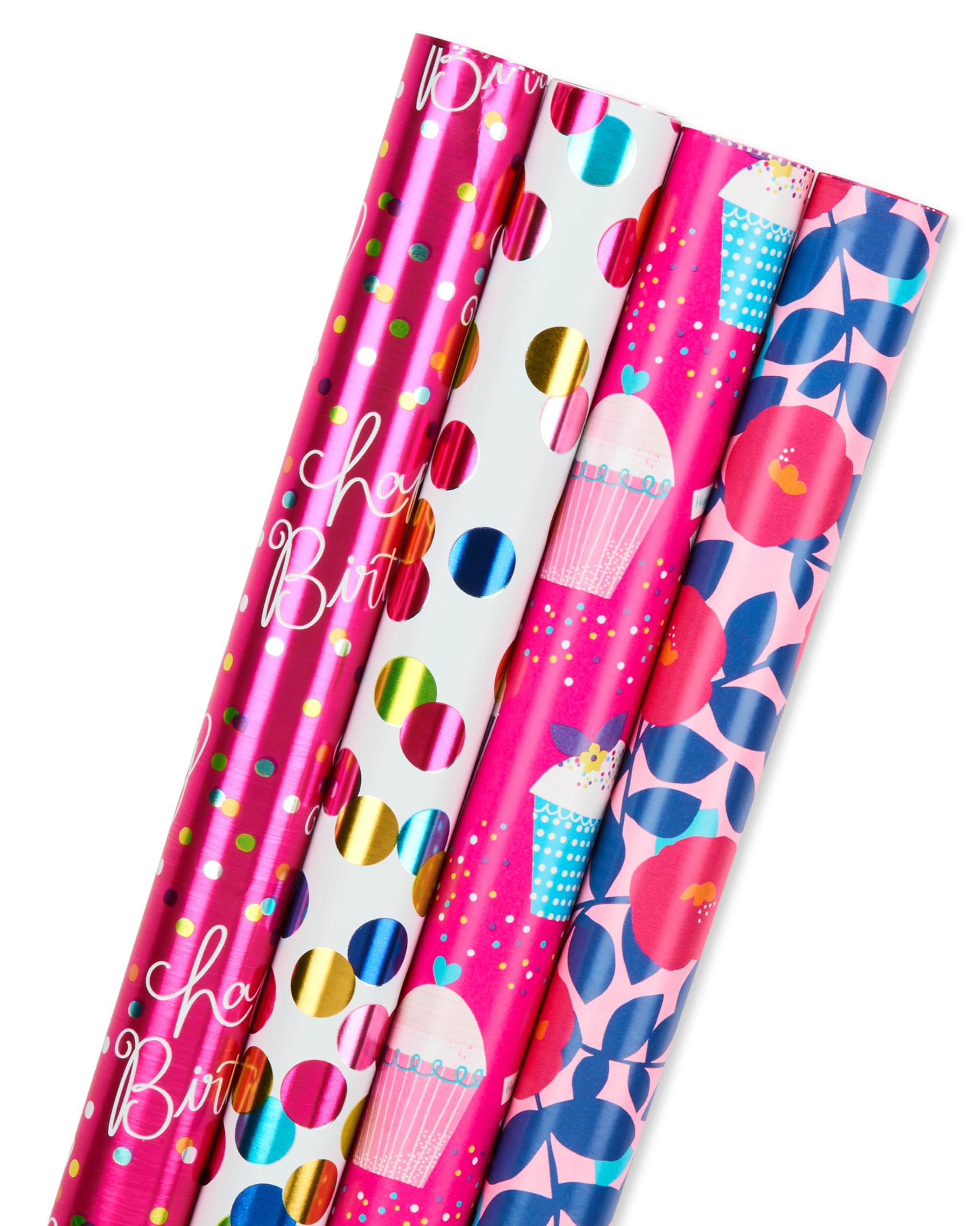 American Greetings Reversible Birthday Wrapping Paper, Floral, Cupcakes, and Polka Dots (4 Rolls, 120 sq. ft)