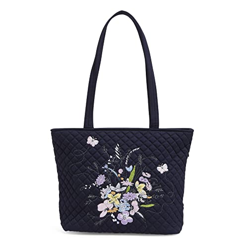 Vera Bradley Women's Cotton Small Vera Tote Bag, Embroidered Bloom Boom Navy, One Size