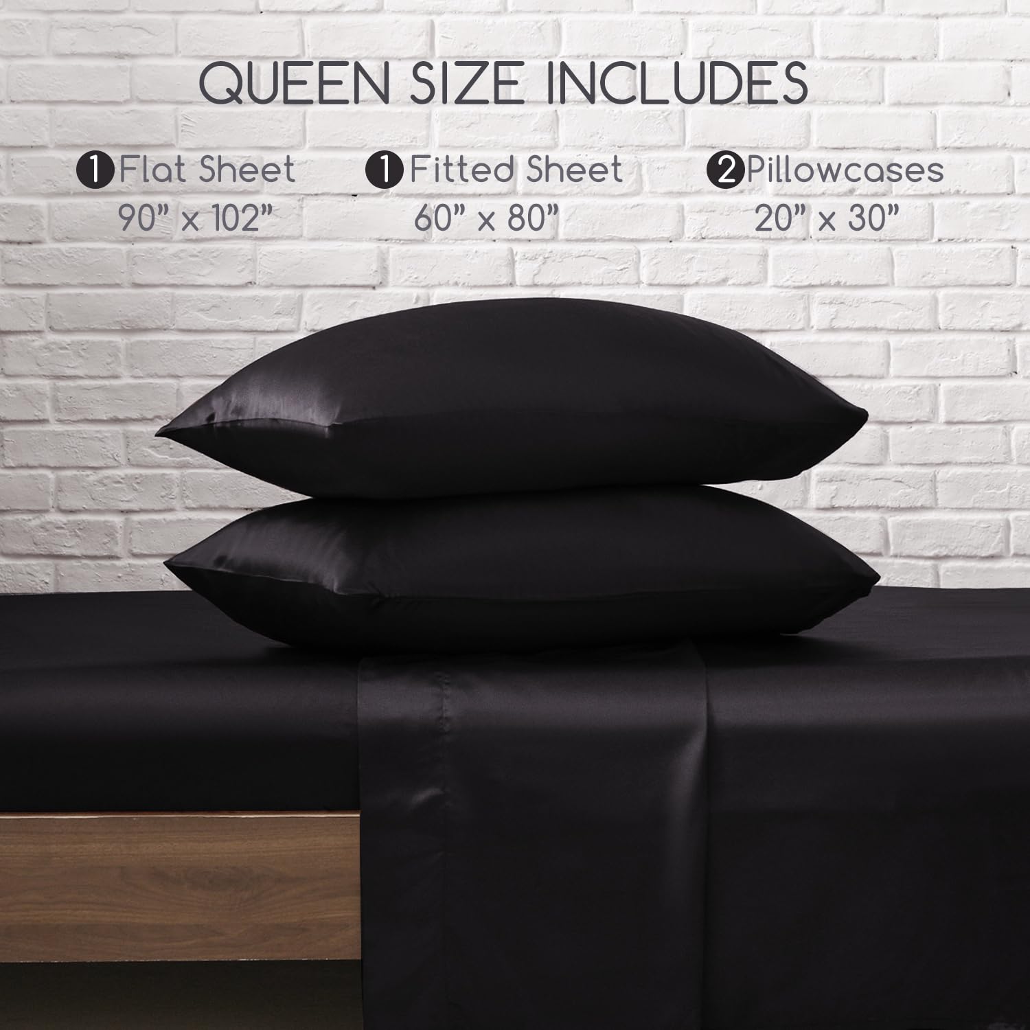 MR&HM Satin Bed Sheets, Queen Size Sheets Set, 4 Pcs Silky Bedding Set with 15 Inches Deep Pocket for Mattress (Queen, Black)