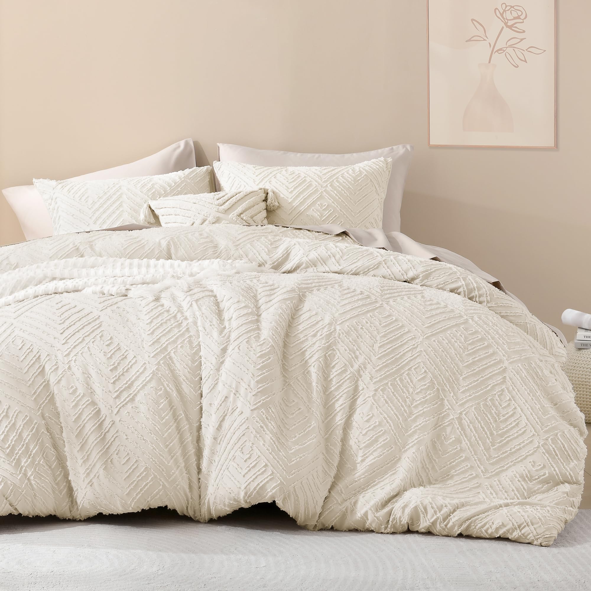 Litanika California King Comforter Set Beige, 3 Pieces Cream Tufted Boho Farmhouse Bedding Comforter Sets, Lightweight Fluffy Comforter Bed Set for All Season (104x96In Comforter and 2 Pillowcases)
