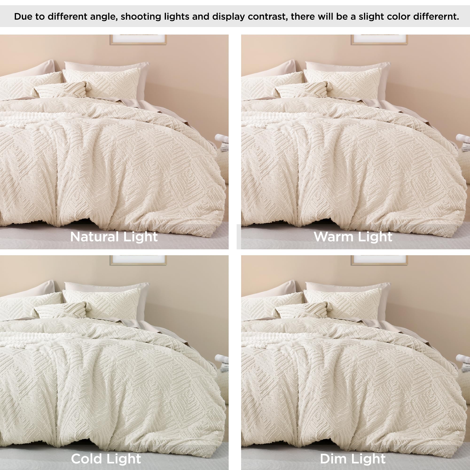 Litanika California King Comforter Set Beige, 3 Pieces Cream Tufted Boho Farmhouse Bedding Comforter Sets, Lightweight Fluffy Comforter Bed Set for All Season (104x96In Comforter and 2 Pillowcases)