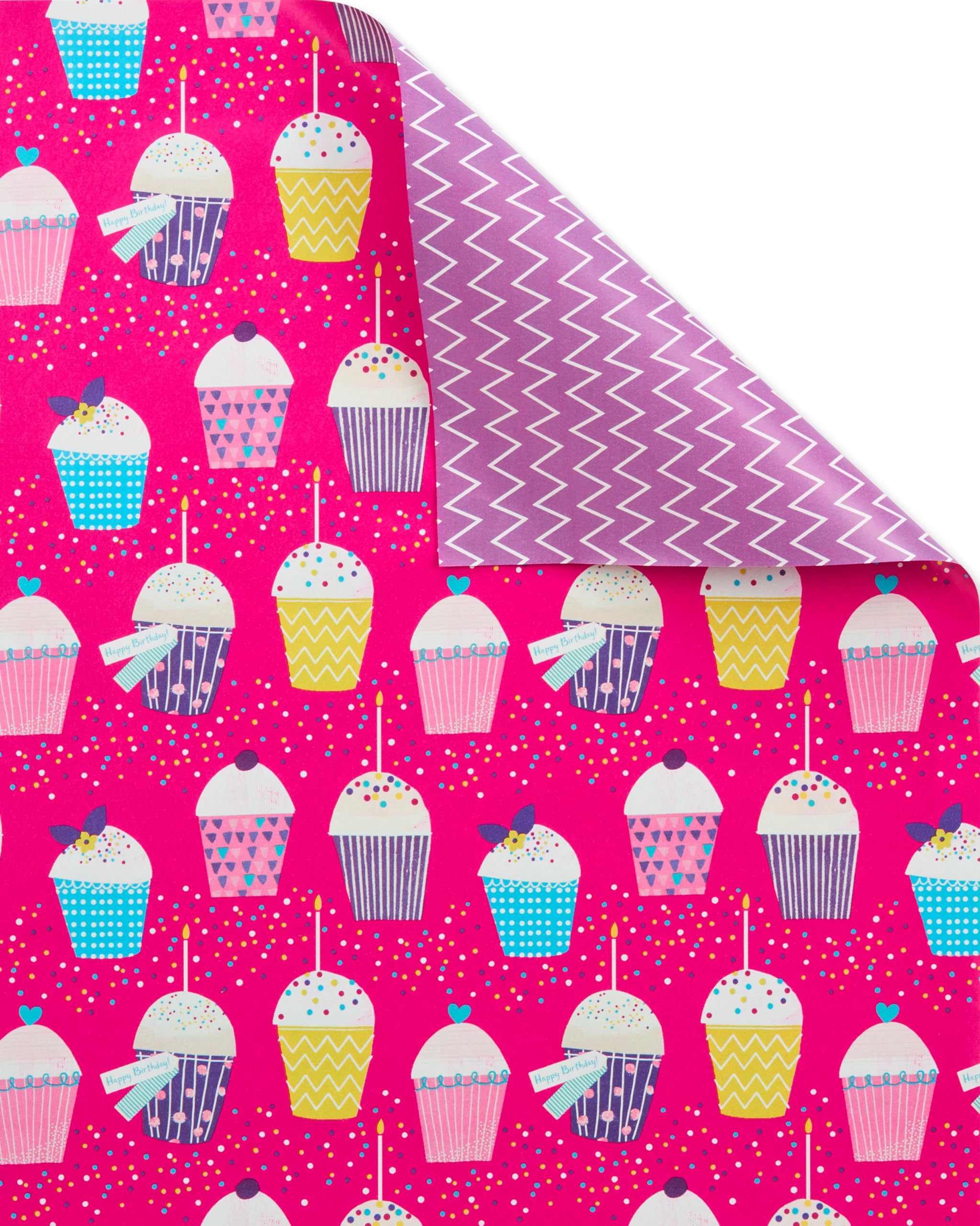 American Greetings Reversible Birthday Wrapping Paper, Floral, Cupcakes, and Polka Dots (4 Rolls, 120 sq. ft)