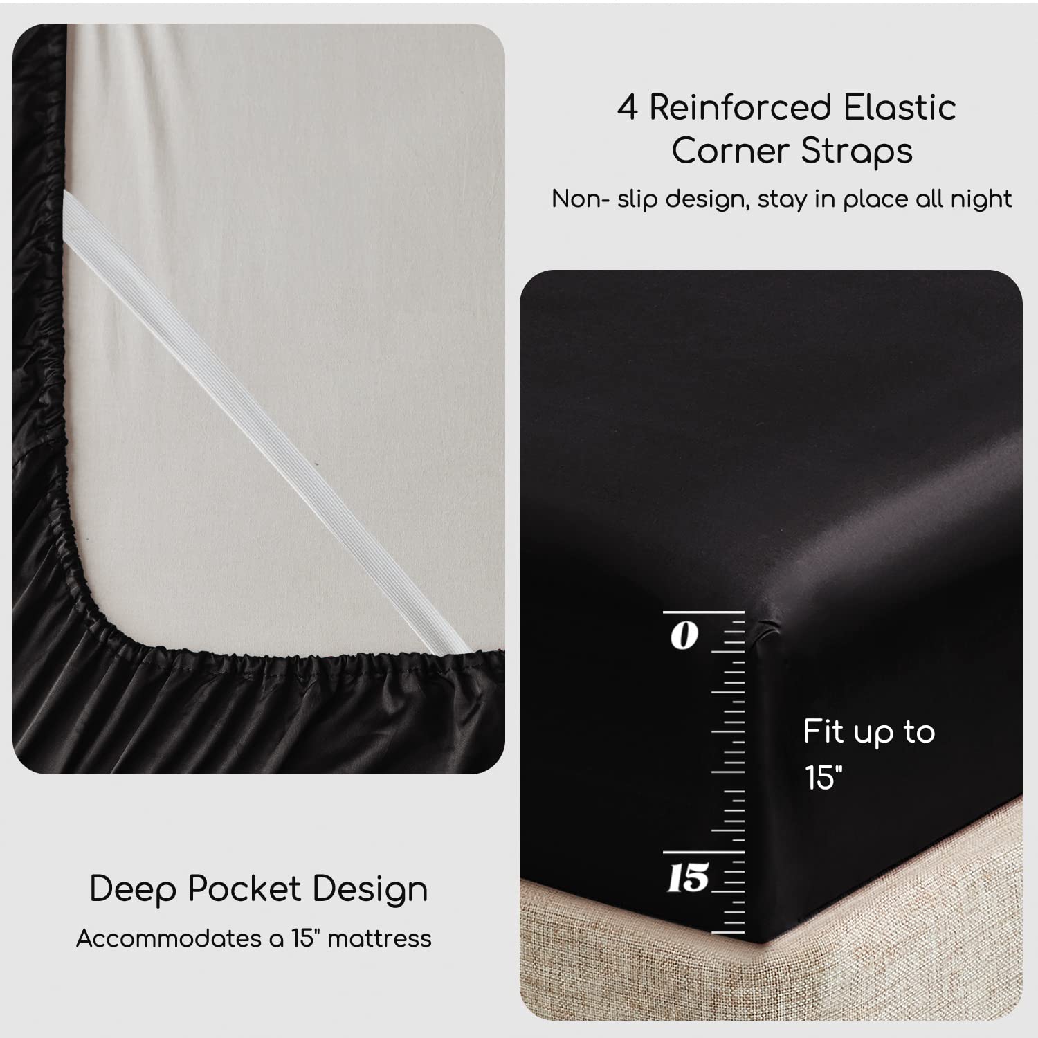 MR&HM Satin Bed Sheets, Queen Size Sheets Set, 4 Pcs Silky Bedding Set with 15 Inches Deep Pocket for Mattress (Queen, Black)