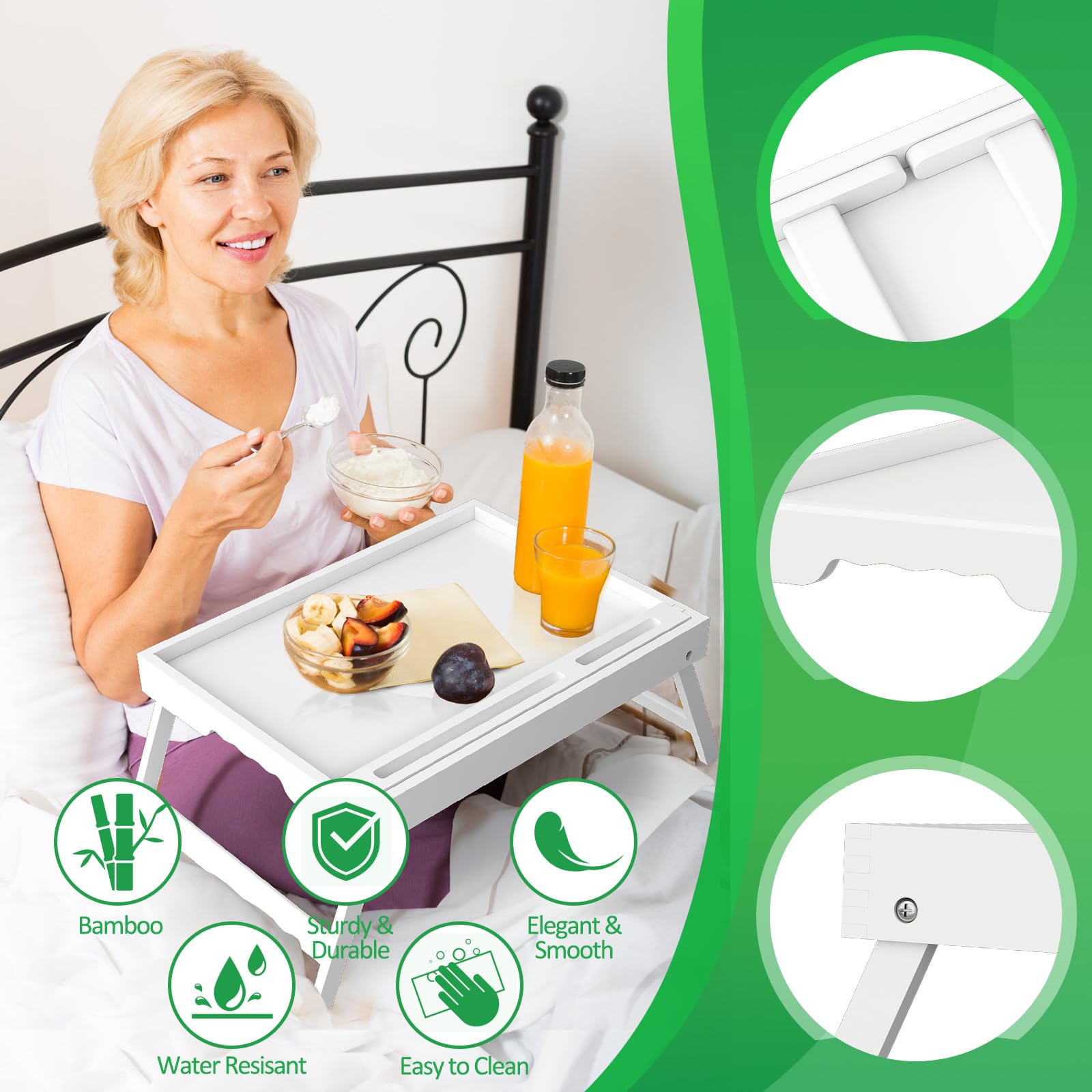 Bed Tray Table with Handles Folding Legs Bamboo Breakfast Food Tray with Media Slot for Platters,Laptop Desk,Snack,TV Tray Kitchen Serving Tray