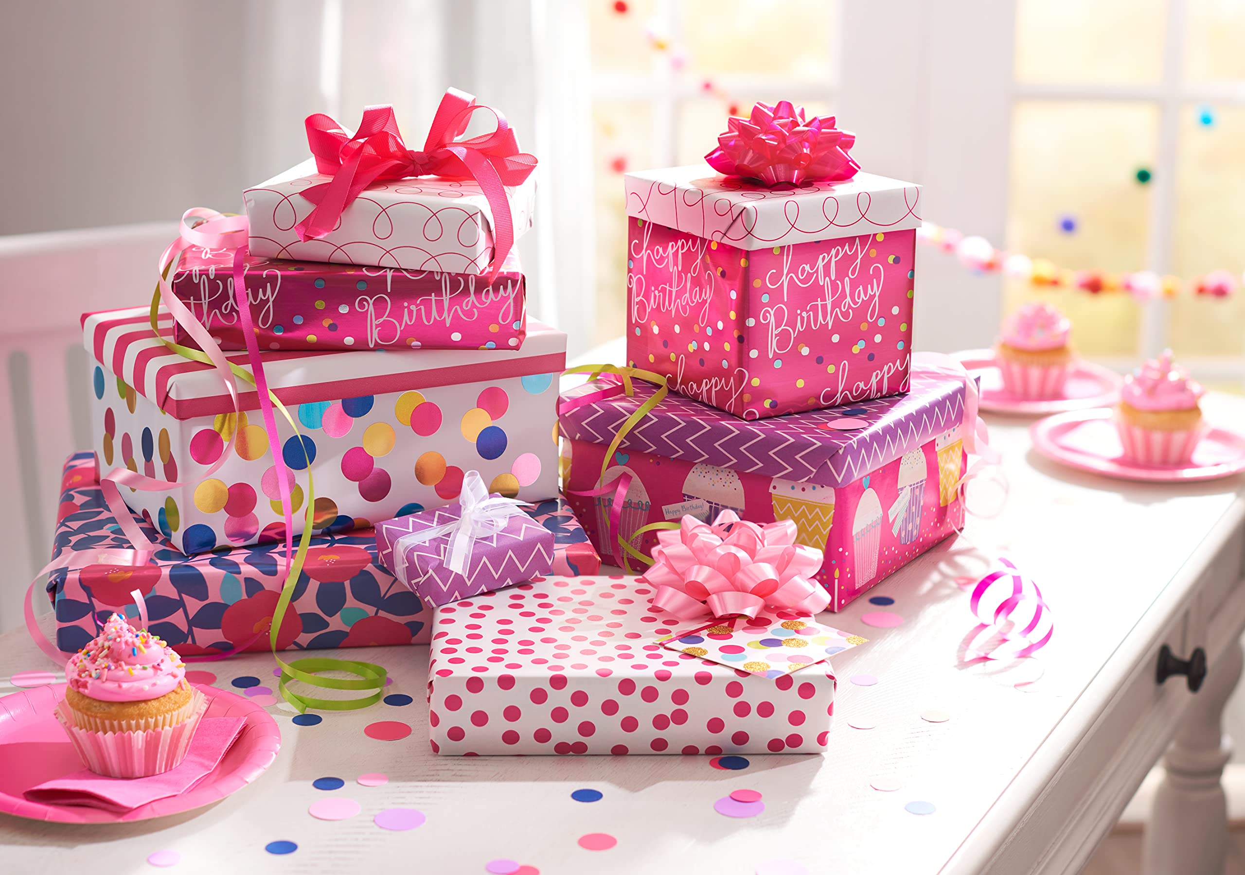American Greetings Reversible Birthday Wrapping Paper, Floral, Cupcakes, and Polka Dots (4 Rolls, 120 sq. ft)