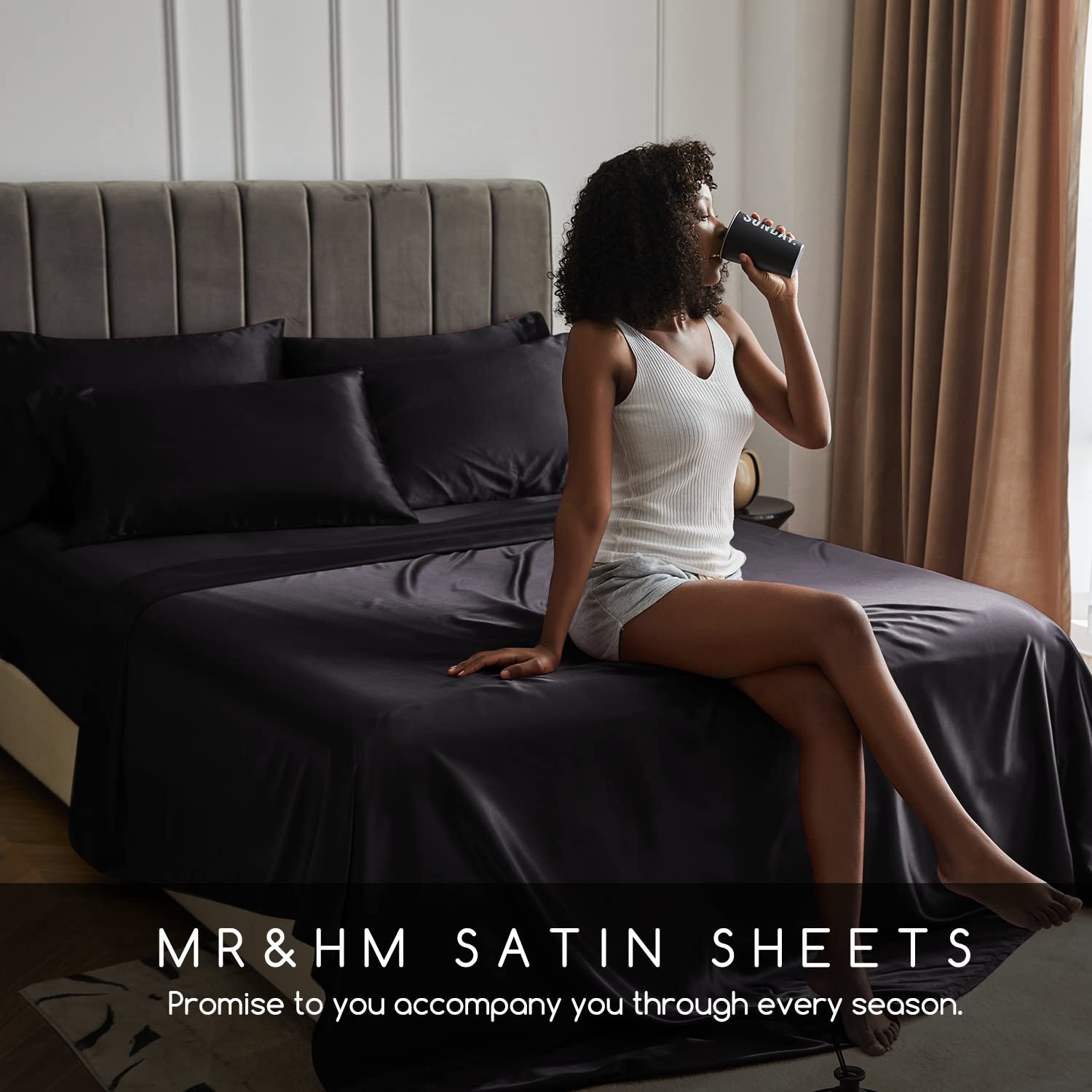 MR&HM Satin Bed Sheets, Queen Size Sheets Set, 4 Pcs Silky Bedding Set with 15 Inches Deep Pocket for Mattress (Queen, Black)