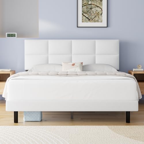 Molblly Full Size Bed Frame with Upholstered Headboard, Strong Frame, and Wooden Slats Support, Non-Slip and Noise-Free, No Box Spring Needed, Easy Assembly, Off White