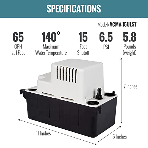 Little Giant VCMA-15ULST 115 Volt, 65 GPH, 1/50 HP Automatic Condensate Removal Pump with Safety Switch and Tubing, Black/White, 554415