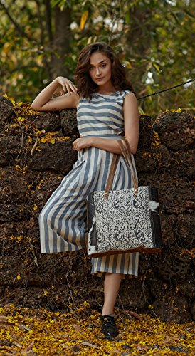 Myra Bag Cotton & Cowhide Upcycled Canvas Tote Bag S-1136