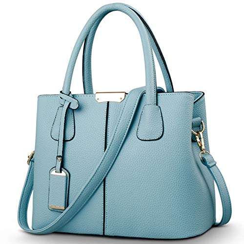 Covelin Women's Top-handle Cross Body Handbag Middle Size Purse Durable Leather Tote Bag Light Blue