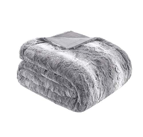 Madison Park Zuri Soft Plush Luxury Oversized Faux Fur Throw Animal Stripes Design, Faux Mink On The Reverse, Modern Cold Weather Blanket for Bed, Sofa Couch, 60x70", Grey