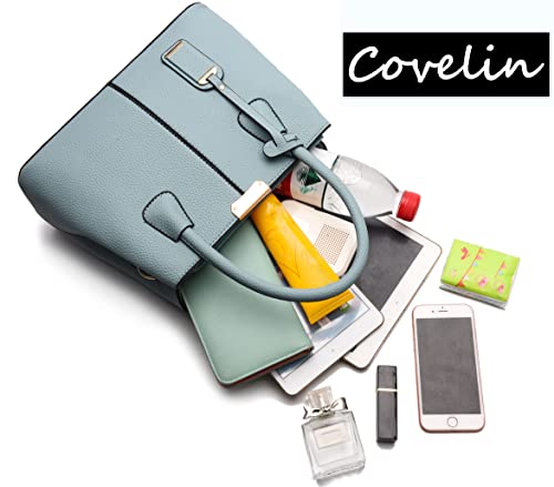 Covelin Women's Top-handle Cross Body Handbag Middle Size Purse Durable Leather Tote Bag Light Blue