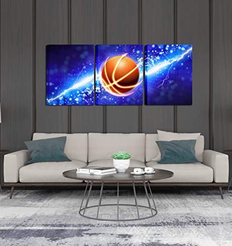 3 Panel Blue Lightning Basketball Camvas Wall Art Paintings for Boys Room Decals,Framed,12x16inchx3 (Blue Basketball)