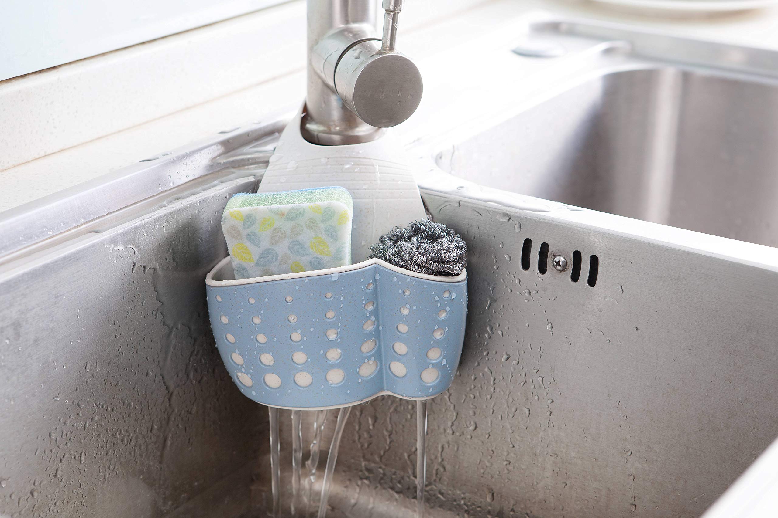 Hanleydepot sink caddy sponge holder for kitchen sink faucet hanging caddy organizer for sponge, brush, soap and towel Blue