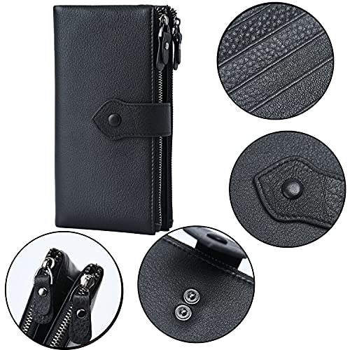 Women Soft Leather RFID Blocking Bifold Slim Wallets Credit Card Holder with Double Zipper Pocket(Black)