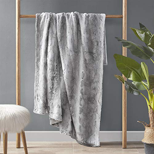 Madison Park Zuri Soft Plush Luxury Oversized Faux Fur Throw Animal Stripes Design, Faux Mink On The Reverse, Modern Cold Weather Blanket for Bed, Sofa Couch, 60x70", Grey