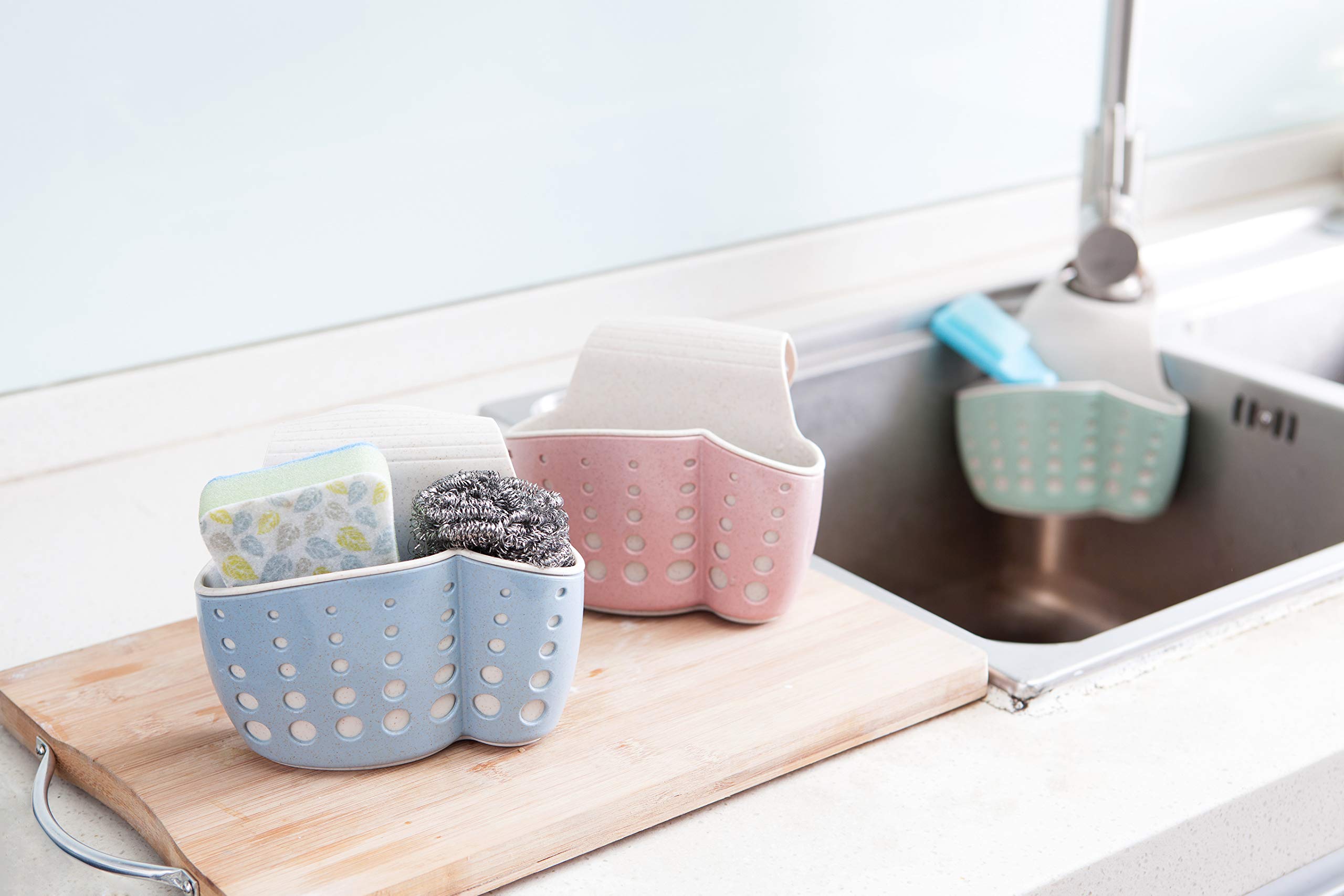 Hanleydepot sink caddy sponge holder for kitchen sink faucet hanging caddy organizer for sponge, brush, soap and towel Blue