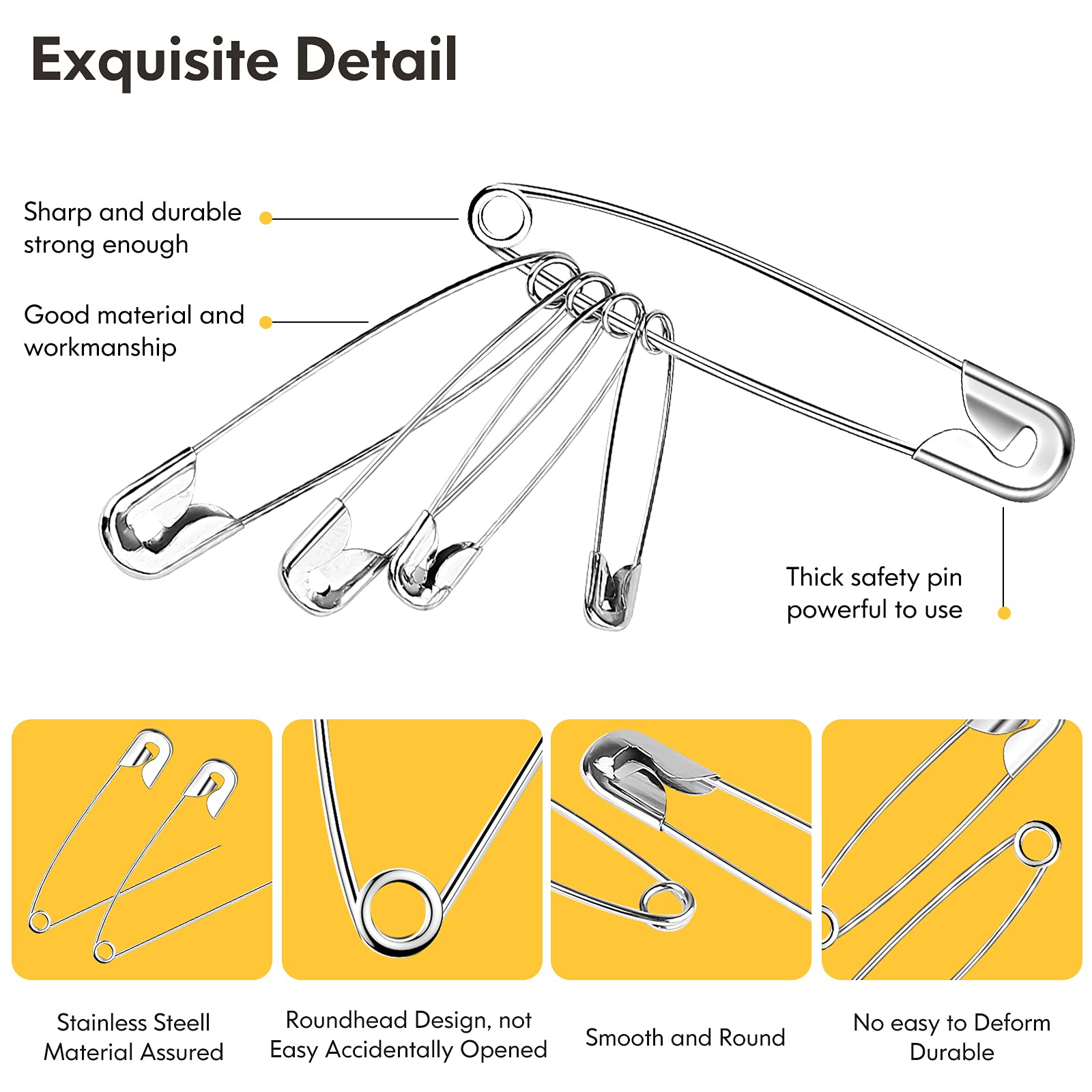 Safety Pins Assorted, 340 PCS Nickel Plated Steel large Safety Pins Heavy Duty, 5 Different Sizes Safety Pin, Safety Pins Bulk, Small Safety Pins for Pinning, Sewing, Jackets, Clothes, Crafts (Silver)