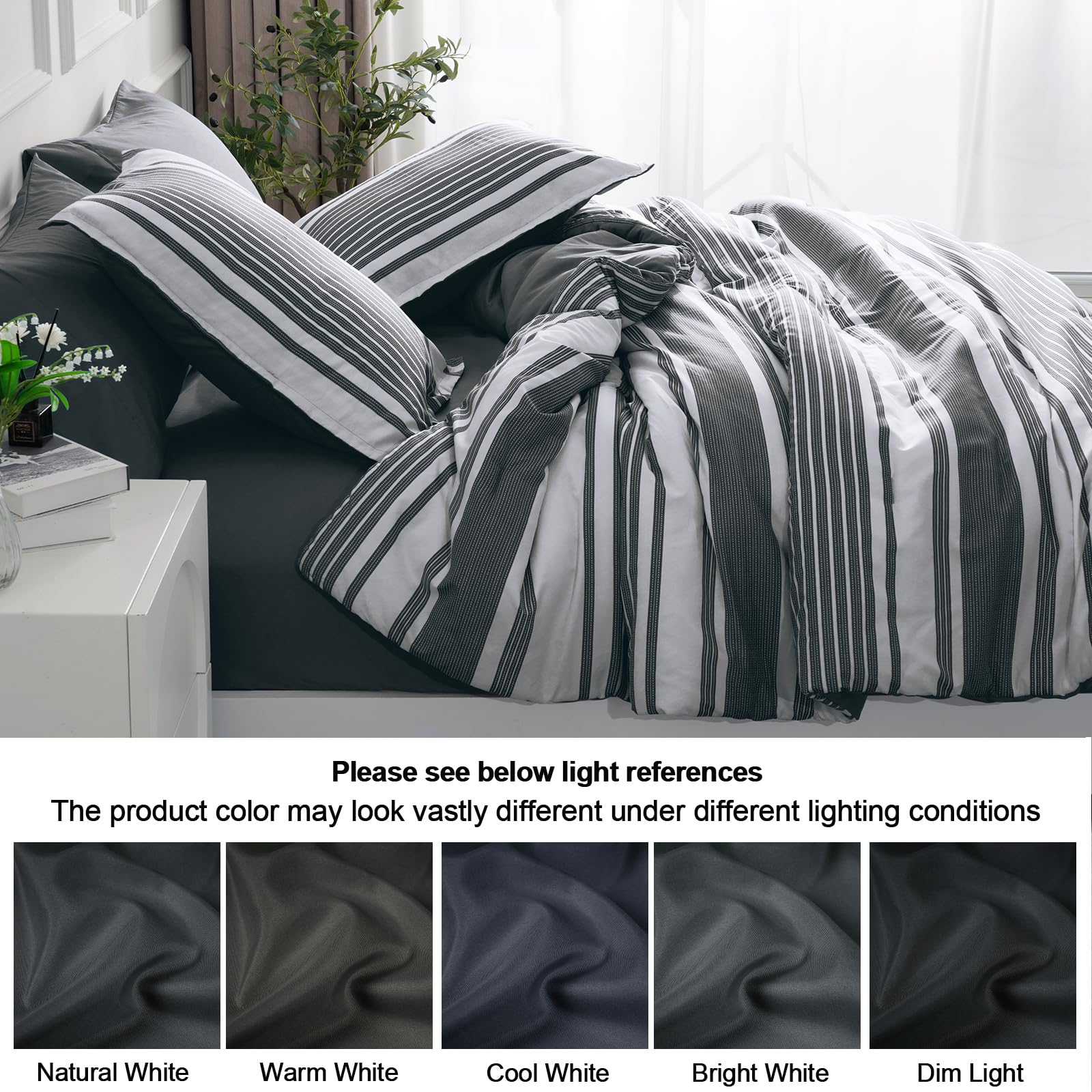PHF 7 Pieces California King Comforter Set, Striped Bed in A Bag, Charcoal Grey White Bedding & 18" Deep Pocket All Season, Ultra Soft Bedding Sets with Comforter, Sheets, Pillowcases & Shams