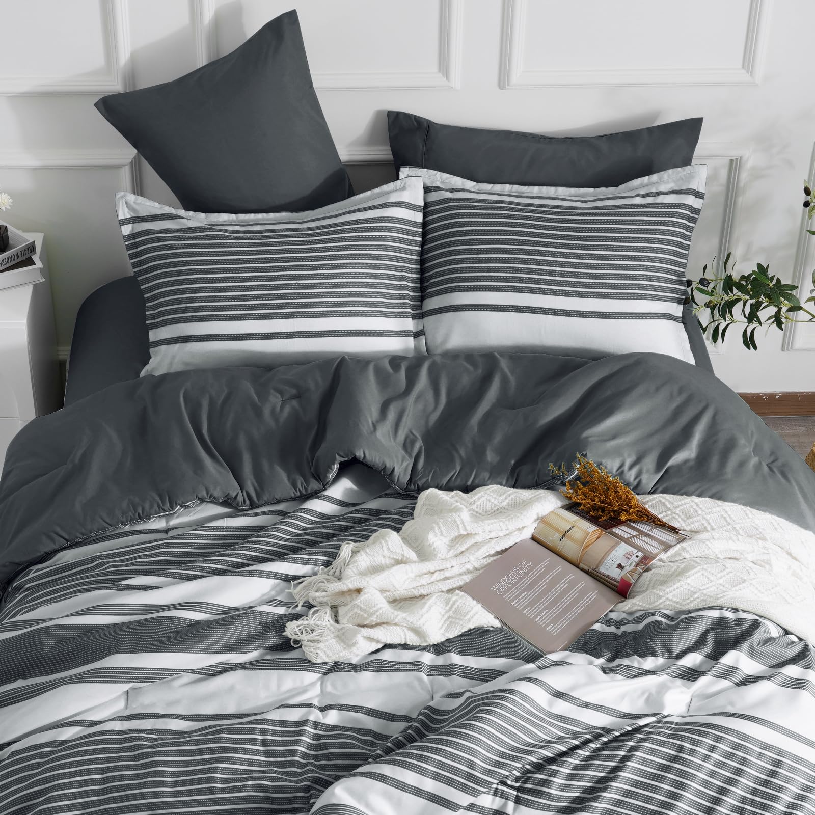 PHF 7 Pieces California King Comforter Set, Striped Bed in A Bag, Charcoal Grey White Bedding & 18" Deep Pocket All Season, Ultra Soft Bedding Sets with Comforter, Sheets, Pillowcases & Shams