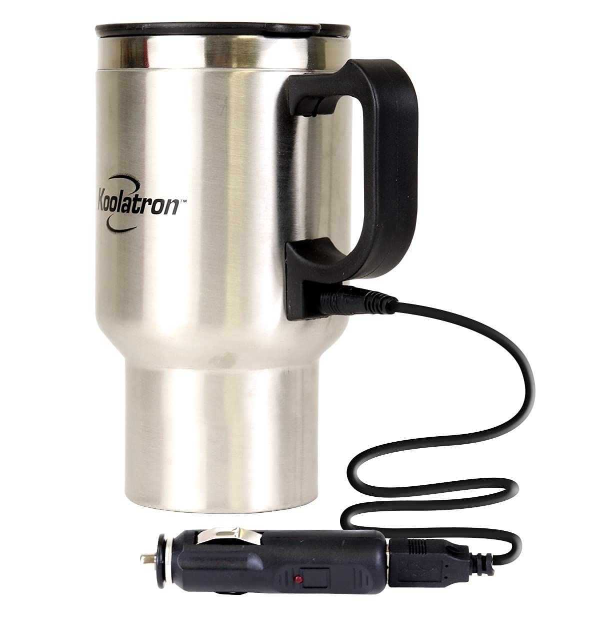 Koolatron 12V USB Insulated Travel Mug with Heater, 500 mL (17 oz), Silver and Black Stainless Steel for Car, SUV, Truck, Office, Home, Dorm
