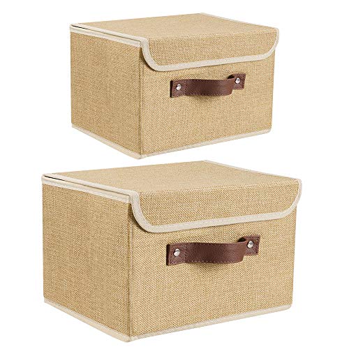 Lucky Monet 2 Pack Linen Fabric Foldable Storage Bin Set Collapsible Storage Box Cube Closet Organizer with Lid & Faux Leather Handle, 10βx8βx7β (Khaki)