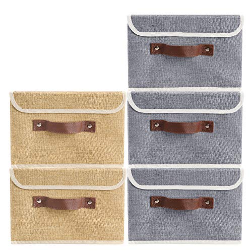 Lucky Monet 2 Pack Linen Fabric Foldable Storage Bin Set Collapsible Storage Box Cube Closet Organizer with Lid & Faux Leather Handle, 10βx8βx7β (Khaki)